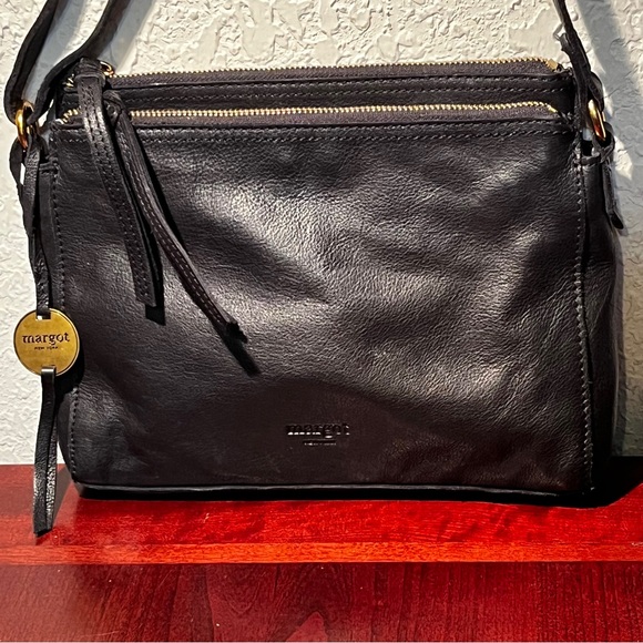 Margot New York | Bags | Margot Black Leather Shoulder Bag With Gold ...